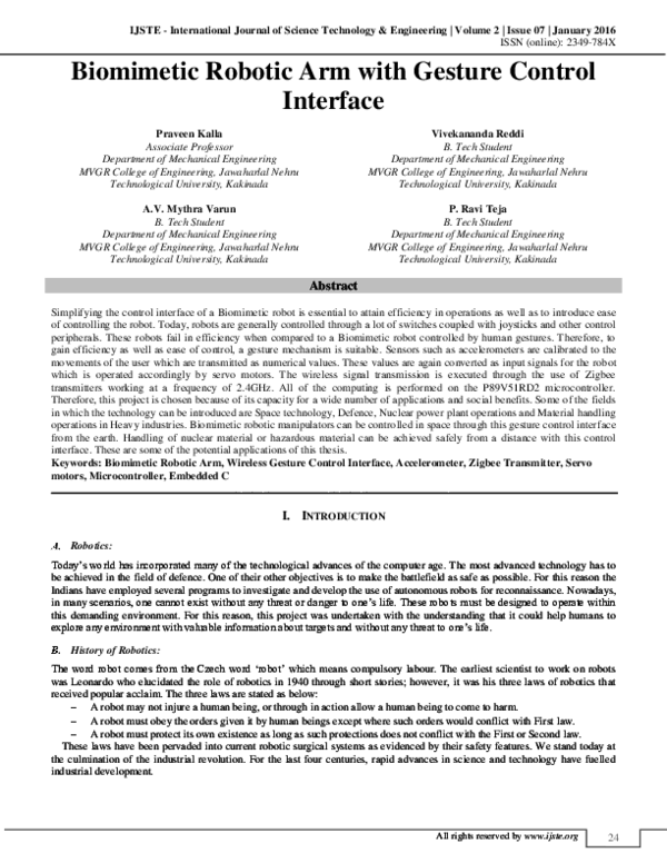 (PDF) Biomimetic Robotic Arm with Gesture Control Interface