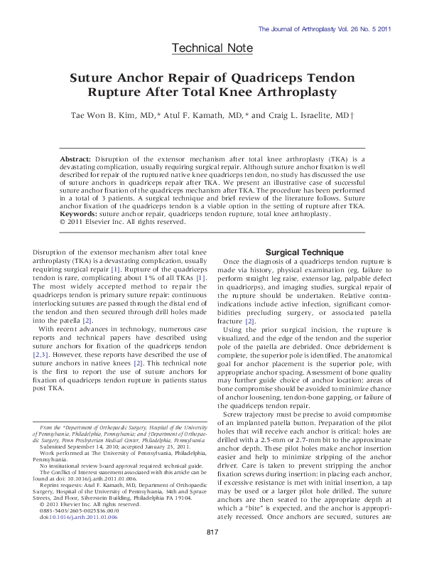 (PDF) Suture Anchor Repair of Quadriceps Tendon Rupture After Total ...