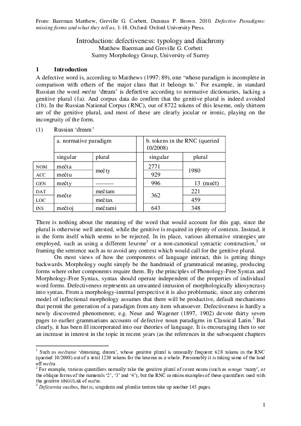 (PDF) Defectiveness: typology and diachrony