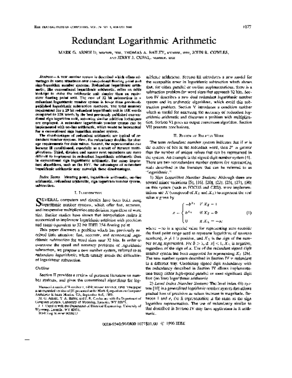 (PDF) Redundant logarithmic arithmetic