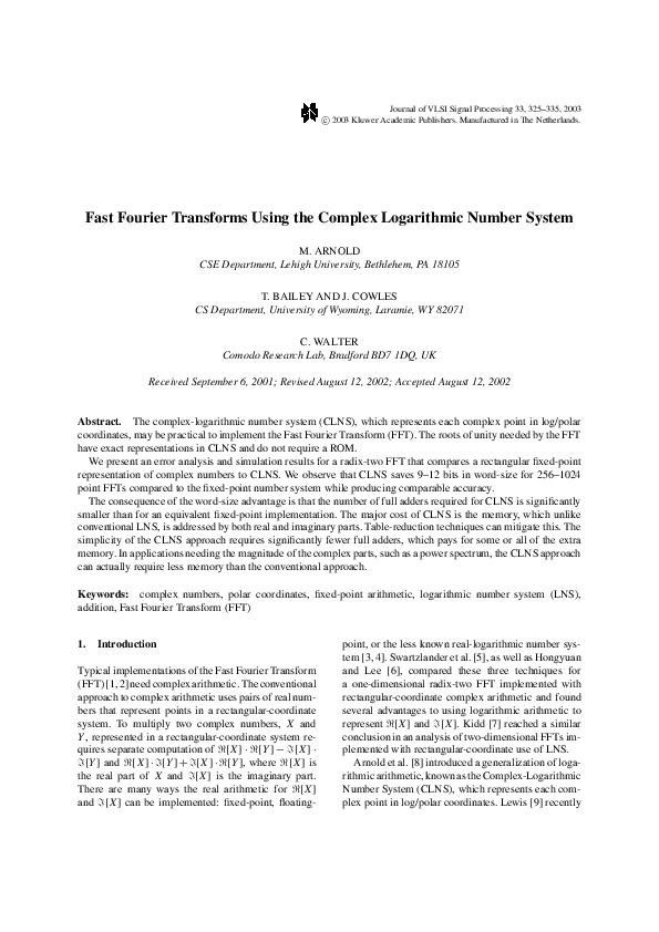 Pdf Fast Fourier Transforms Using The Complex Logarithmic Number System