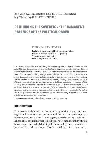 Rethinking the Sovereign: The Immanent Presence of the Political Order
