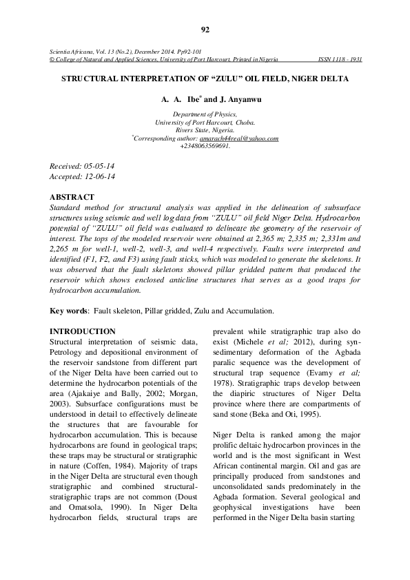 (PDF) STRUCTURAL INTERPRETATION OF “ZULU” OIL FIELD, NIGER DELTA