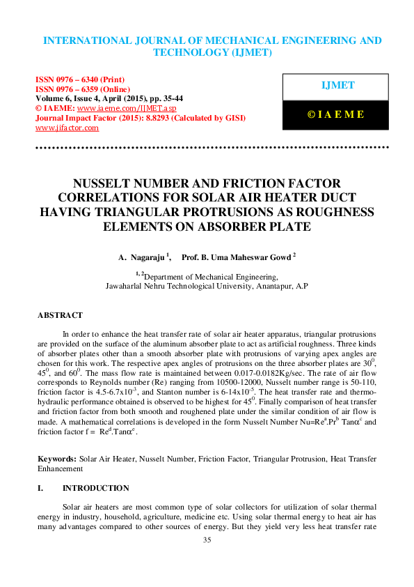 (PDF) NUSSELT NUMBER AND FRICTION FACTOR CORRELATIONS FOR SOLAR AIR ...