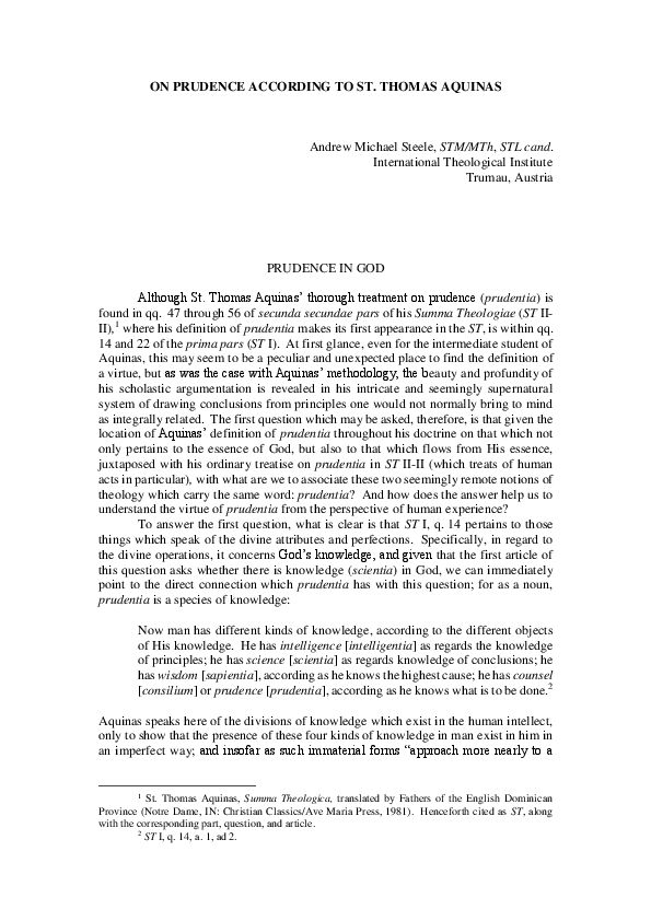 (PDF) On Prudence According to St. Thomas Aquinas