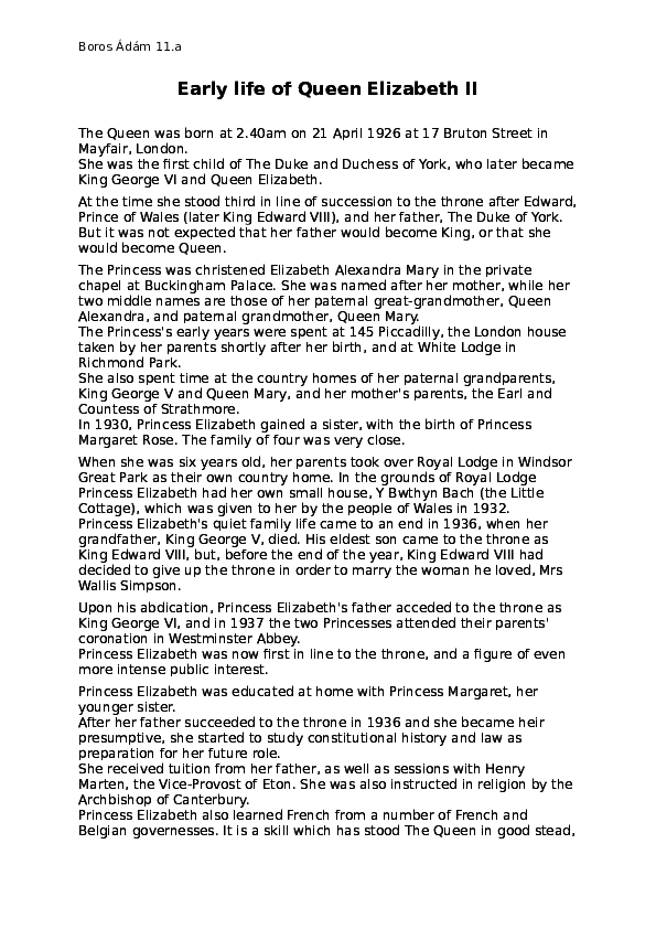 (DOC) Early life of Queen Elizabeth II