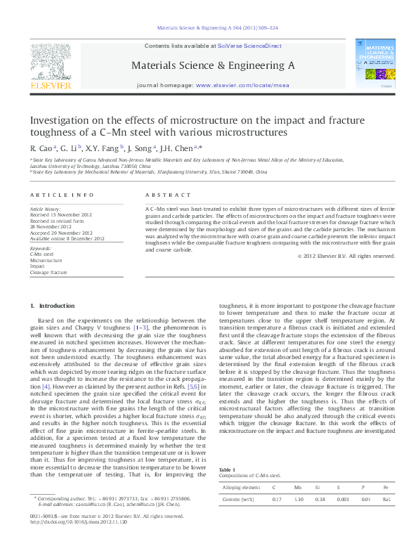 Pdf Investigation On The Effects Of Microstructure On The Impact And Fracture Toughness Of A C