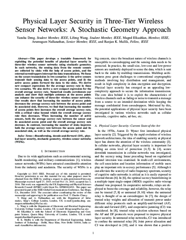 Pdf Physical Layer Security In Three Tier Wireless Sensor Networks A