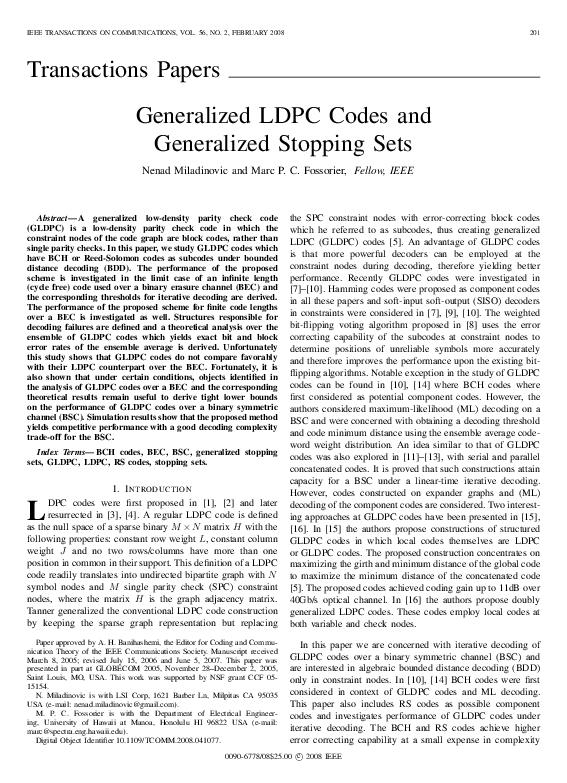(PDF) Generalized LDPC codes and generalized stopping sets