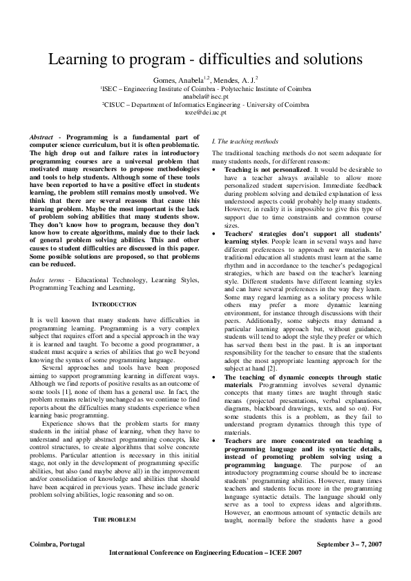 (PDF) Learning to program – difficulties and solutions.