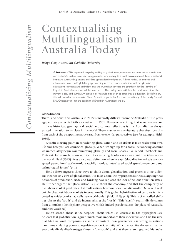 (PDF) Contextualising Multilingualism in Australia Today