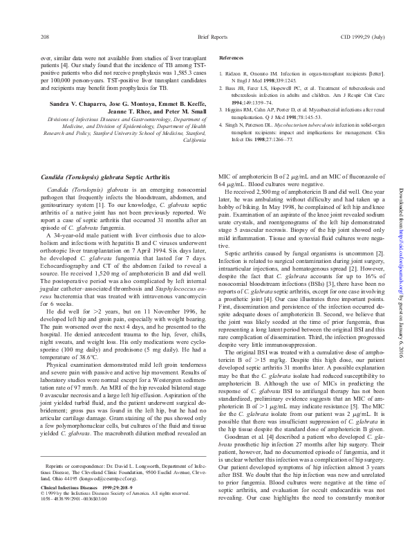 (PDF) Candida ( Torulopsis ) glabrata Septic Arthritis