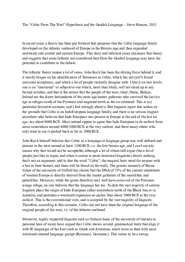 (DOC) The “Celtic From The West” Hypothesis and the Gaulish Language