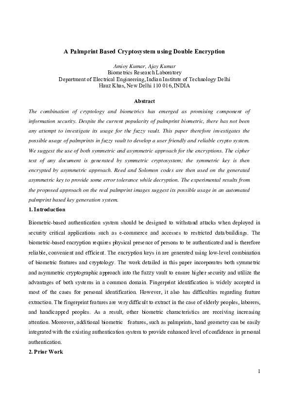 (PDF) A palmprint based cryptosystem using Double Encryption