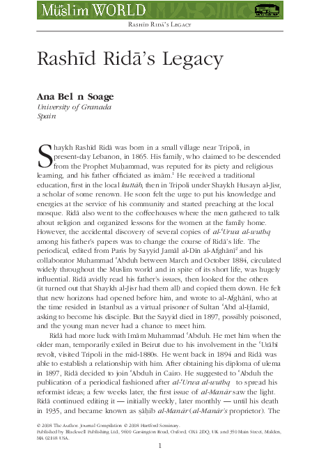 (PDF) Rashid Rida's Legacy