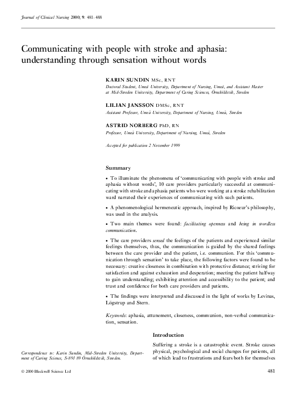 (PDF) Communicating with people with stroke and aphasia: understanding through sensation without ...
