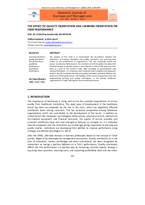 (PDF) The effect of quality orientation and learning orientation on firm performance