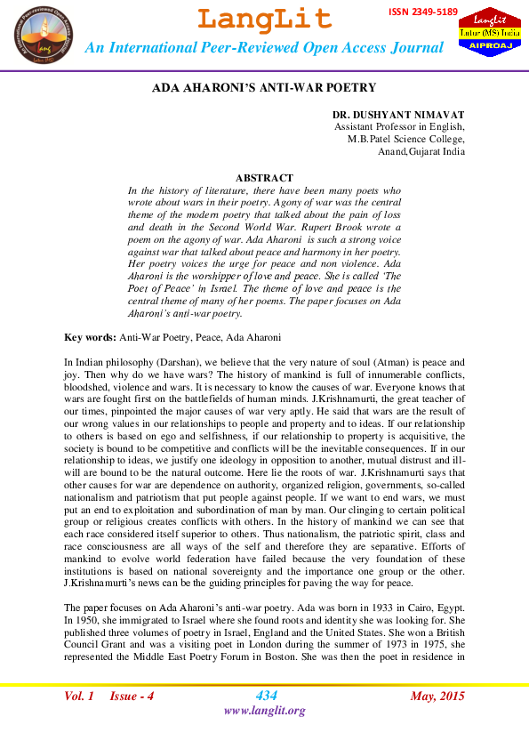 ADA AHARONI’S ANTI-WAR POETRY