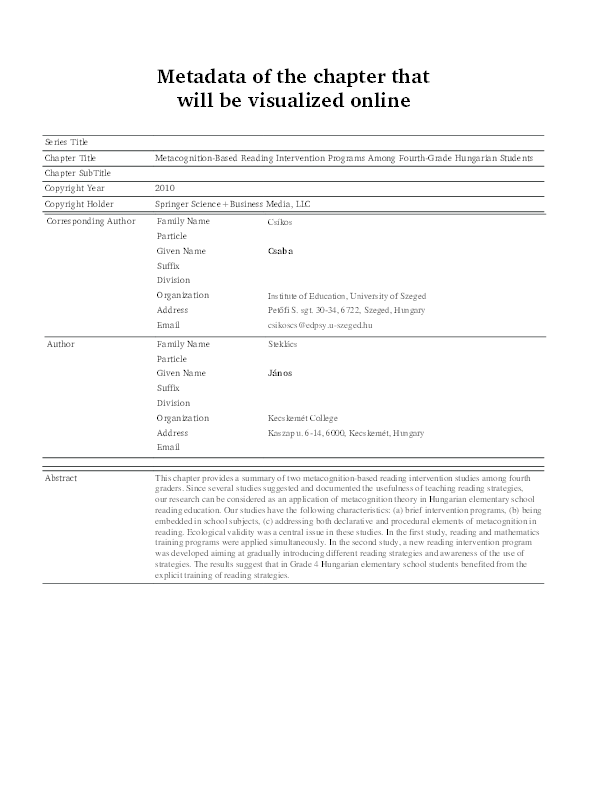 Pdf Metacognition Based Reading Intervention Programs Among Fourth