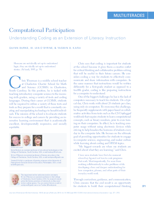 Pdf Computational Participation Understanding Coding As An Extension Of Literacy Instruction
