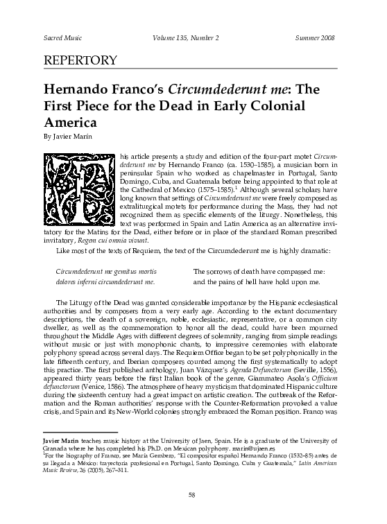 (PDF) Hernando Franco’s Circumdederunt me: the First Piece for the Dead ...
