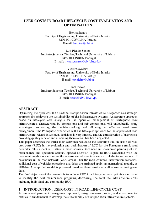 (PDF) User Costs in Road Life-Cycle Cost Evaluation and Optimisation