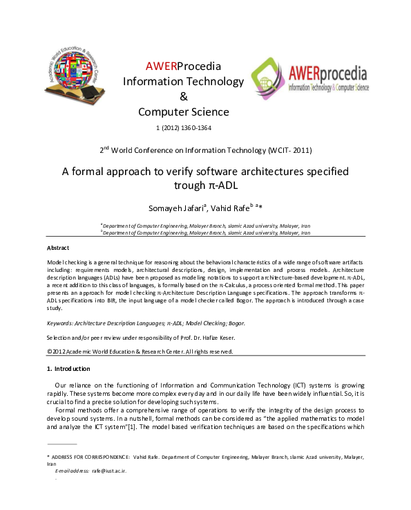 (PDF) A formal approach to verify software architectures specified through π-ADL | Somayeh ...