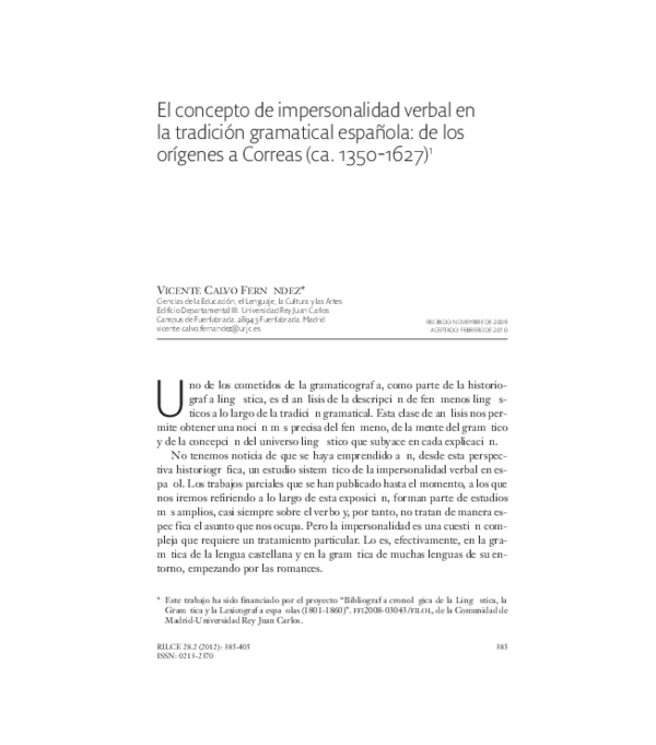 (PDF) El concepto de impersonalidad verbal en la tradición gramatical ...