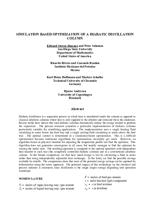 (PDF) Simulation based optimization of a diabatic distillation column