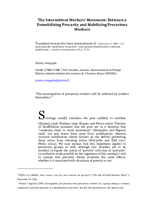 (PDF) The Intermittent Workers’ Movement: Between a Demobilizing ...