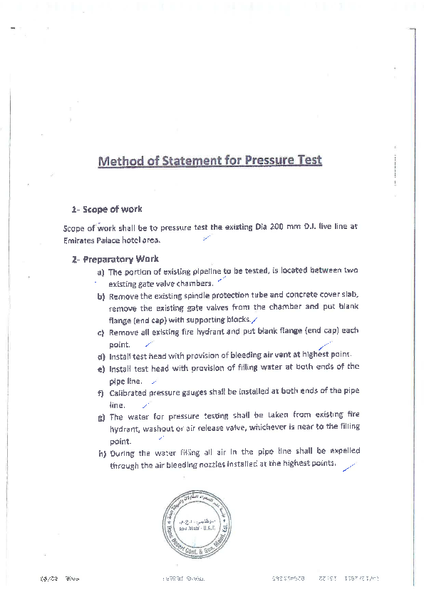 (PDF) Method statement for Fire water Pressure test
