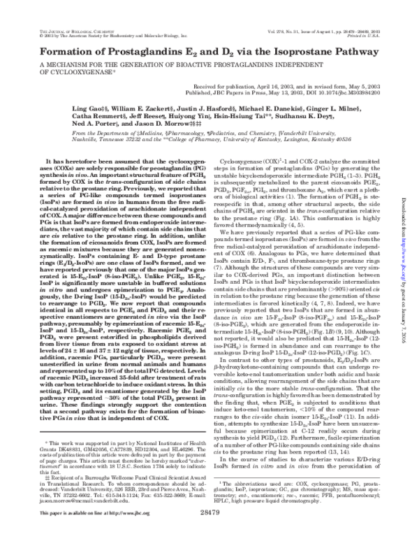 (PDF) Formation of Prostaglandins E2 and D2 via the Isoprostane Pathway ...