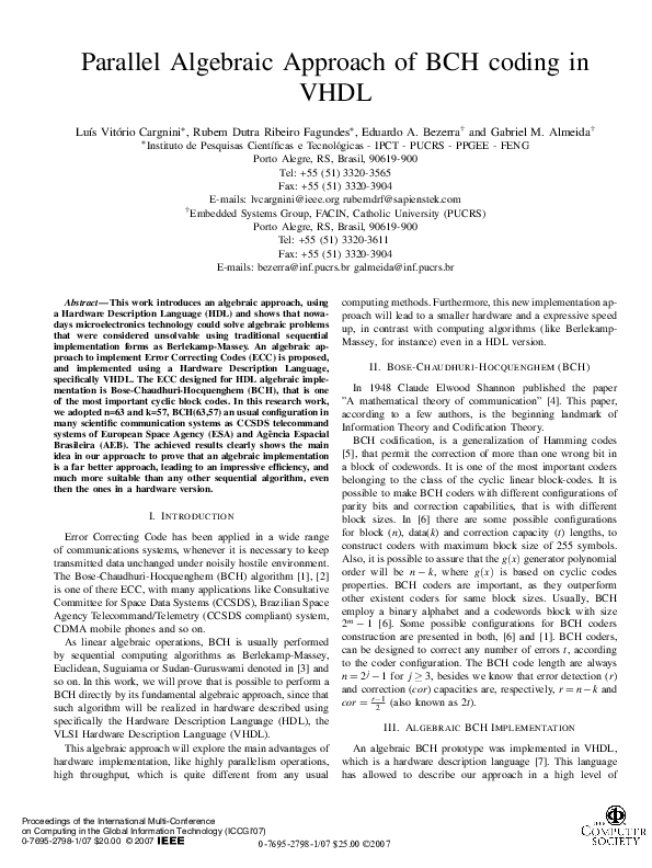 Pdf Parallel Bch Coding Using Vhdl Approach