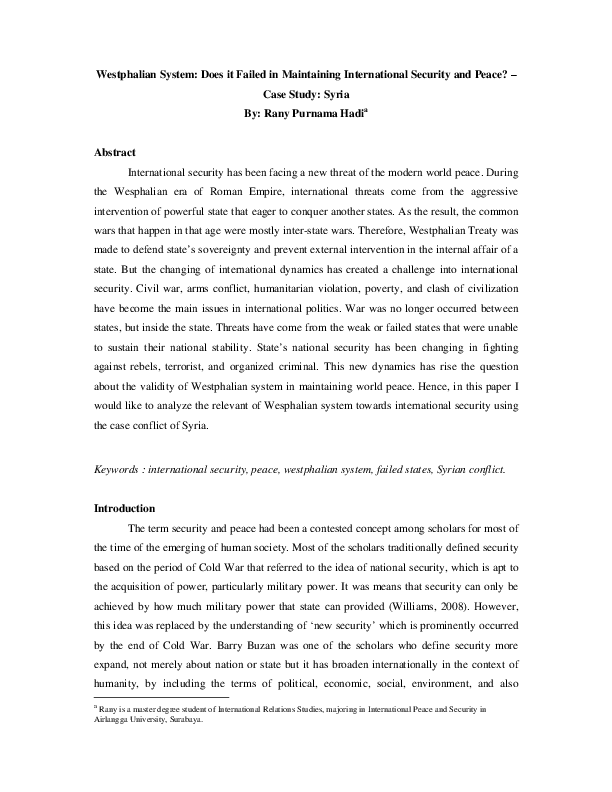 (PDF) Westphalian System: Does it Failed in Maintaining International Security and Peace? – Case ...