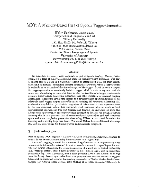 Pdf Mbt A Memory Based Part Of Speech Tagger Generator 