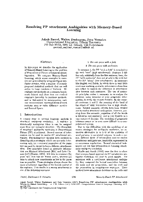 (PDF) Resolving PP Attachment Ambiguities With Memory-Based Learning