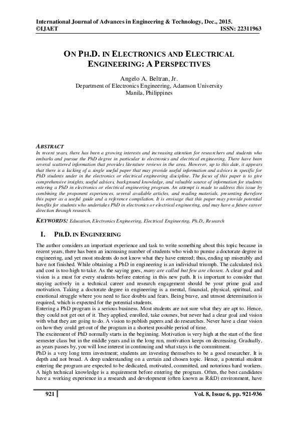 (PDF) On Ph.D. in Electronics and Electrical Engineering: A Perspectives