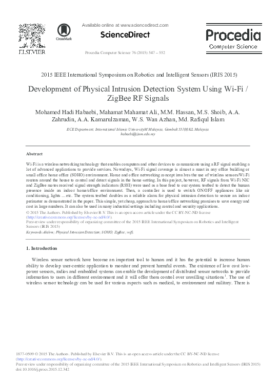 (PDF) Development of Physical Intrusion Detection System Using Wi-Fi ZigBee RF Signals