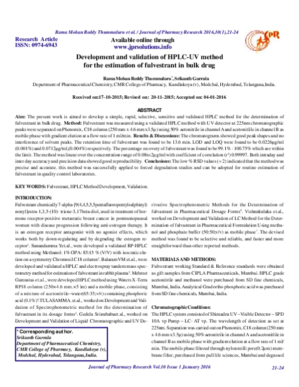 Pdf Development And Validation Of Hplc Uv Method For The Estimation