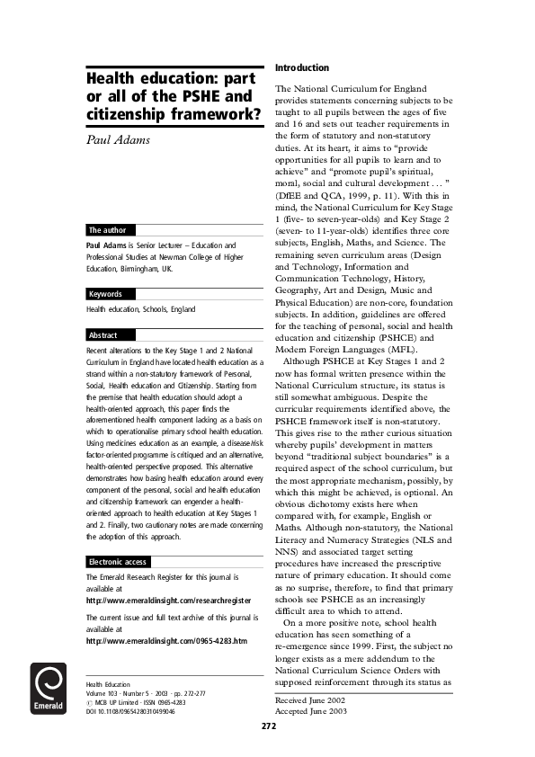 (PDF) Health education: part or all of the PSHE and citizenship framework?