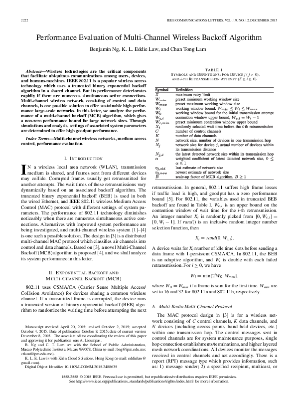 (PDF) Performance Evaluation of Multi-Channel Wireless Backoff Algorithm, IEEE Communications ...
