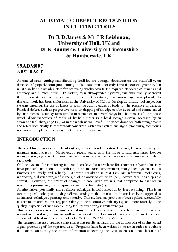 (PDF) Automatic Defect Recognition in Cutting Tools