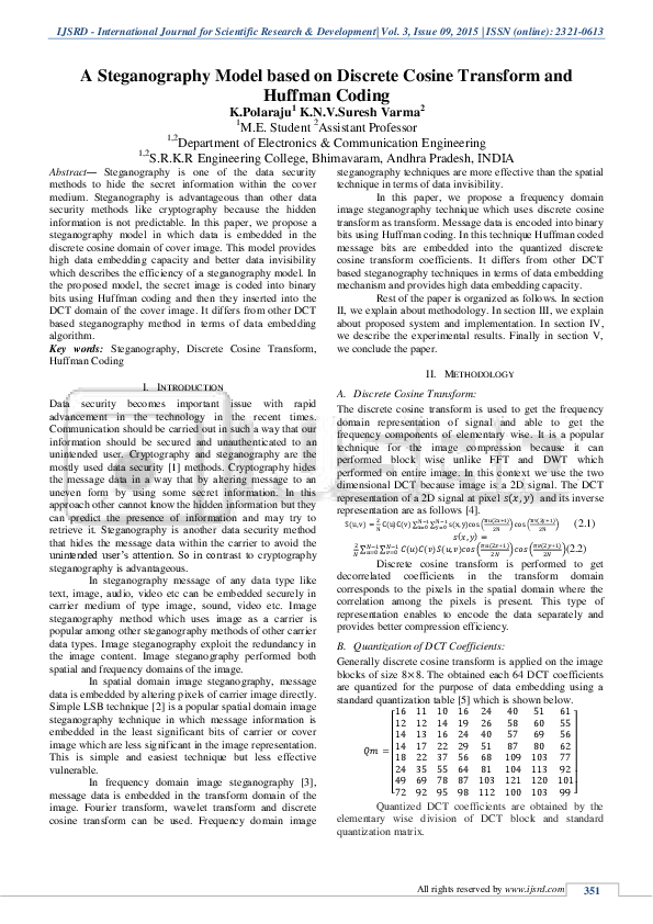 Pdf A Steganography Model Based On Discrete Cosine Transform And Huffman Coding