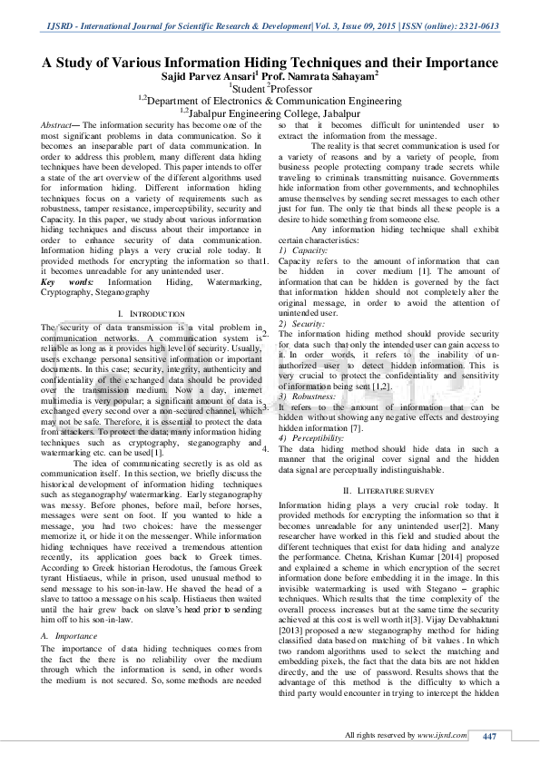 (PDF) A Study of Various Information Hiding Techniques and Their Importance