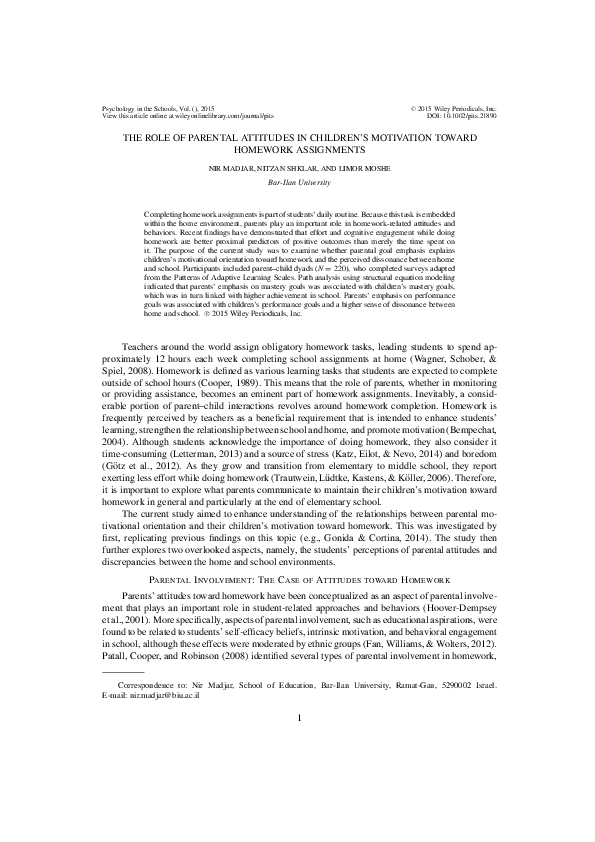 (PDF) The role of parental attitudes in children’s motivation toward homework assignments