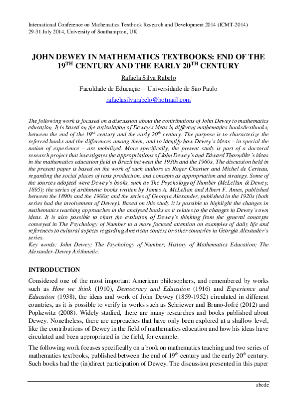 (PDF) John Dewey in mathematics textbooks: end of the 19th century and ...