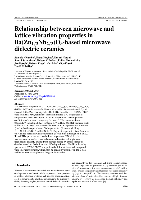 (PDF) Relationship between microwave and lattice vibration properties in Ba(Zn1/3Nb2/3)O3-based ...