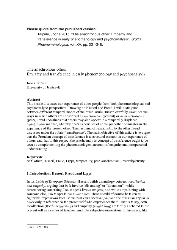 (DOC) The anachronous other: Empathy and transference in early ...