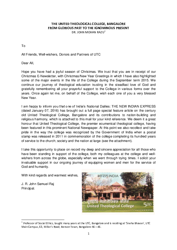 (PDF) THE UNITED THEOLOGICAL COLLEGE, BANGALORE: FROM GLORIOUS PAST TO ...