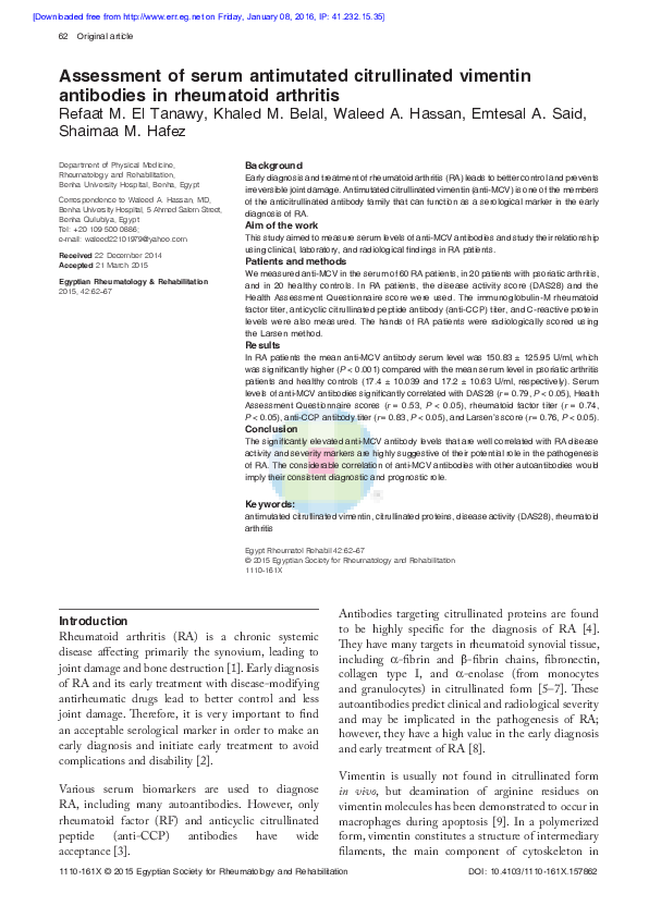 (PDF) Clinical evaluation of anti-mutated citrullinated vimentin by ...